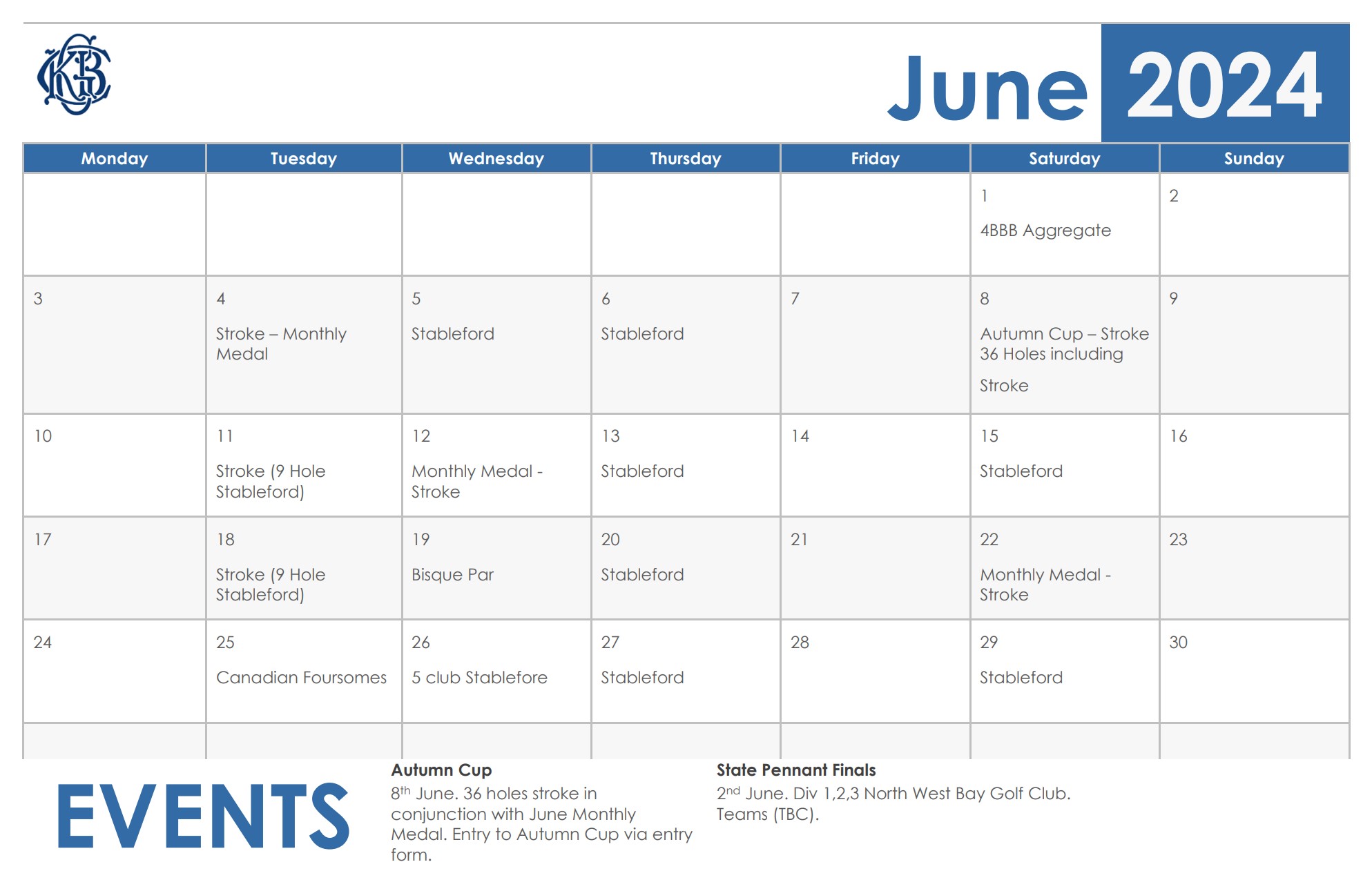 Members Calendar – Kingston Beach Golf Club